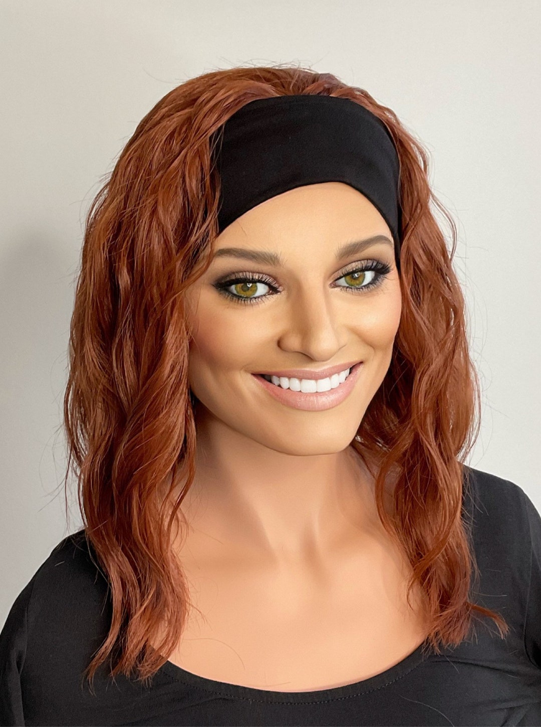 Copper Brown Heat Safe Beach Wave Headband Wig, Gym Wig, Bandfall Wig ...