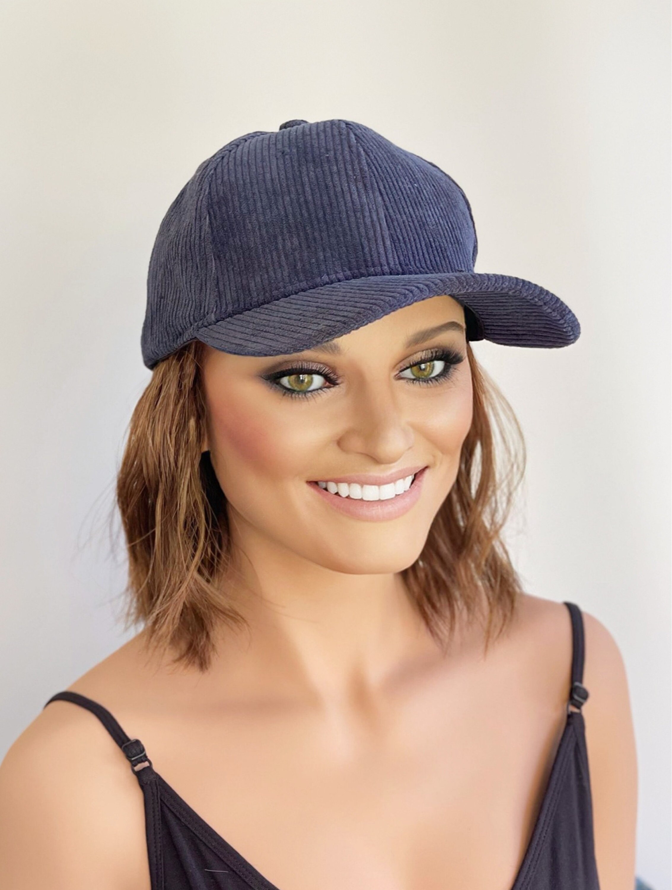 Navy Corduroy Baseball Cap With Short Wavy Hair Attached| Hat With Hair ...