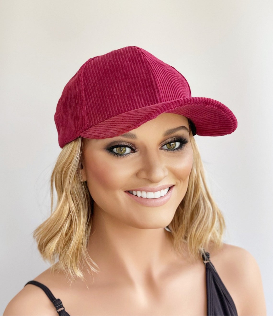 Raspberry Corduroy Baseball Cap With Short Wavy Hair Attached| Hat With ...