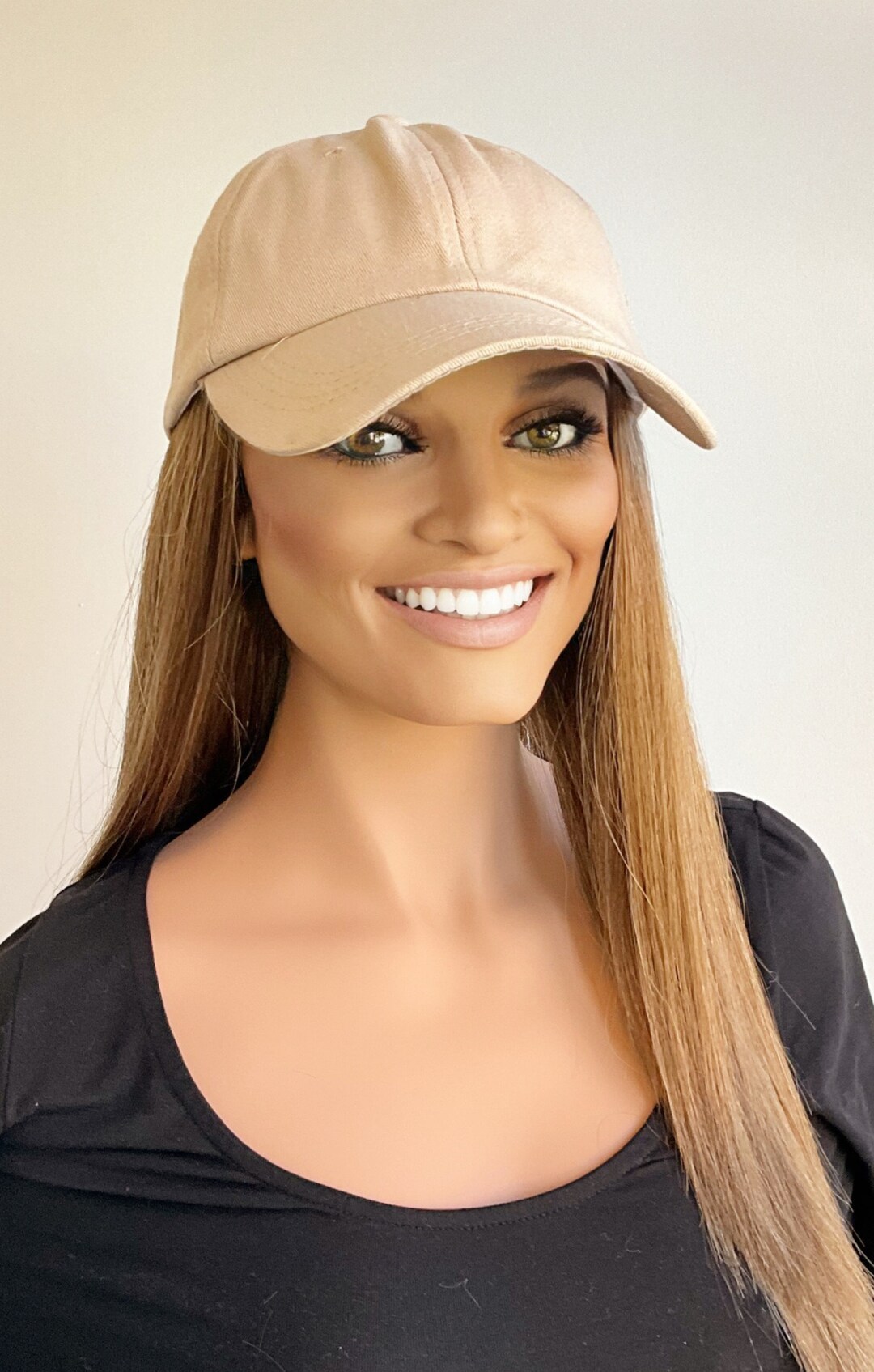 Beige Baseball Cap With Long Hair Attached | Hat With Hair Attached ...