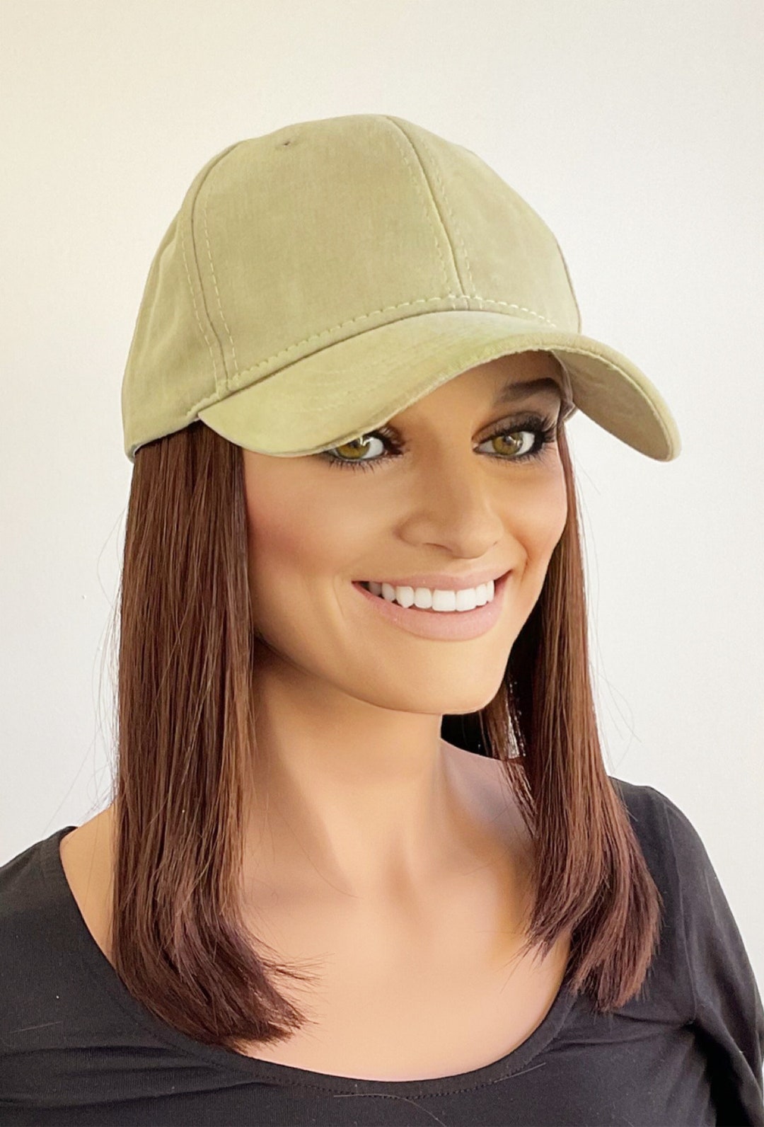 Sage Green Baseball Cap With Medium Length Hair Attached | Hat With ...