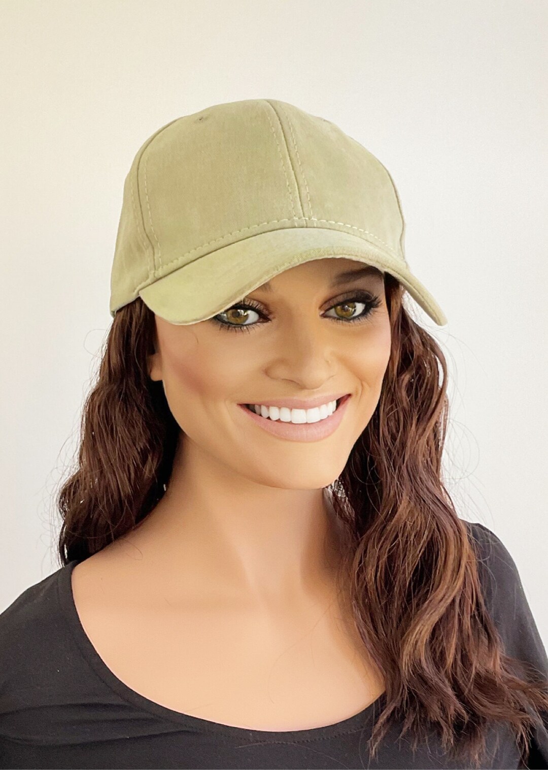 Sage Green Baseball Cap With Long Wavy Hair Attached | Hat With Hair ...