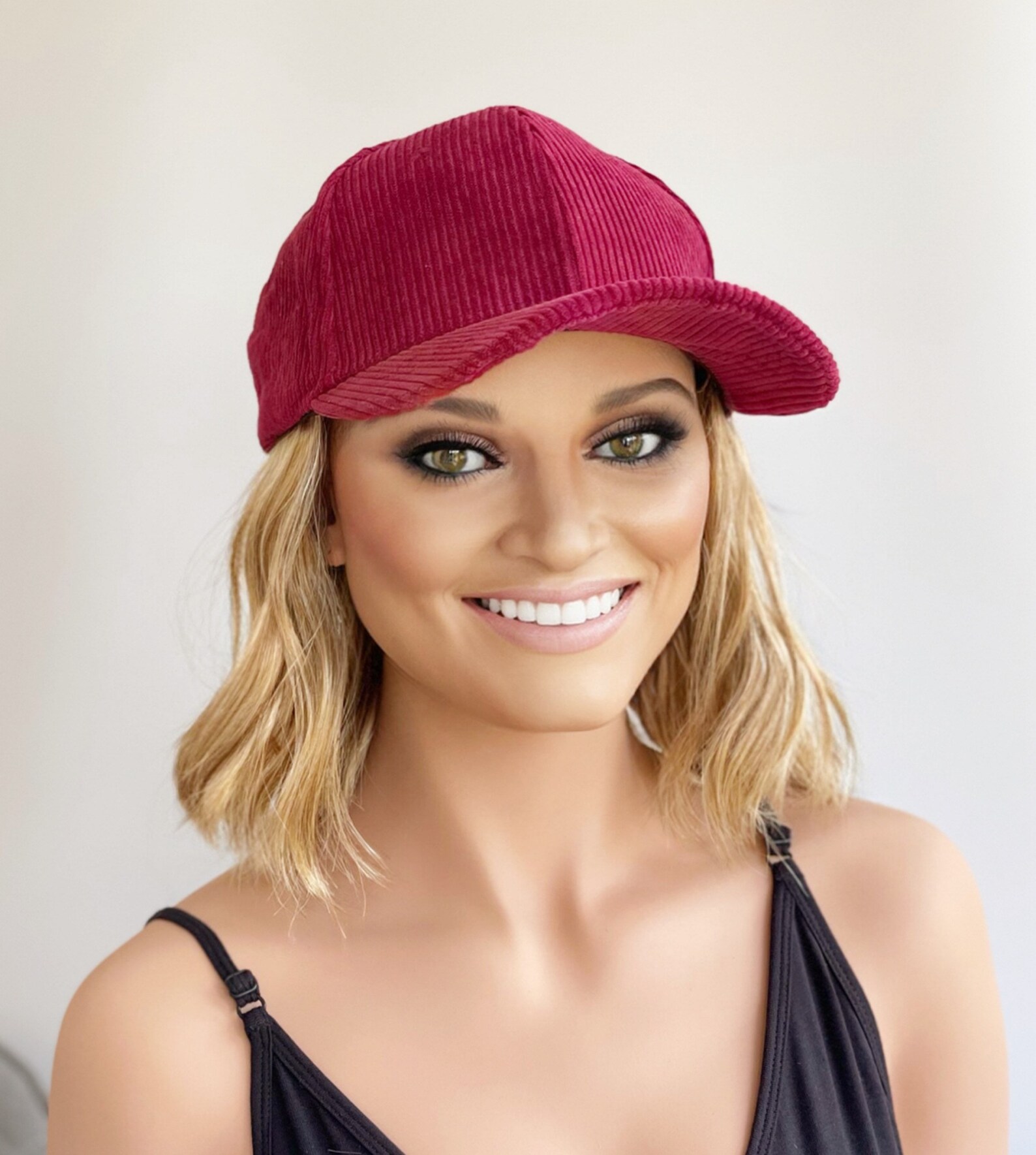 Raspberry Corduroy Baseball Cap With Short Wavy Hair Attached| Hat With ...