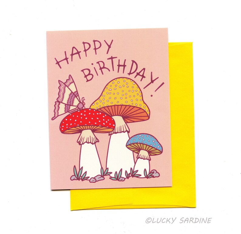 Toadstool Birthday Card Moth Butterfly Card Happy Birthday - Etsy