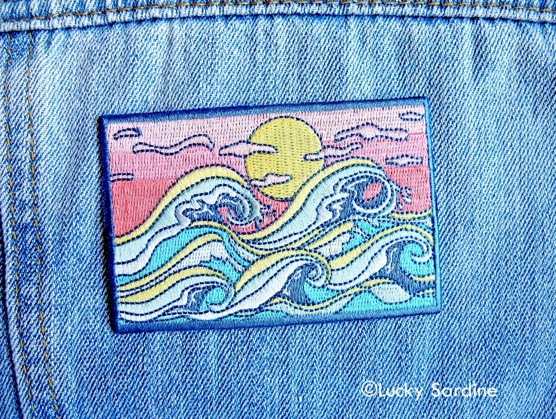 Ocean Patch, Ocean Waves Embroidered Patch, Sunset Patch, Ocean Sunset ...