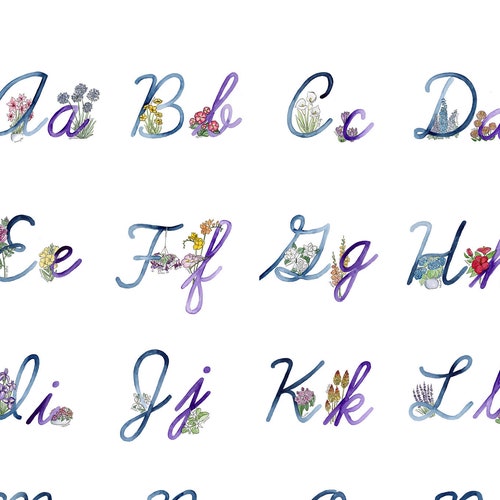 Cursive Floral Watercolor Alphabet Print - Etsy
