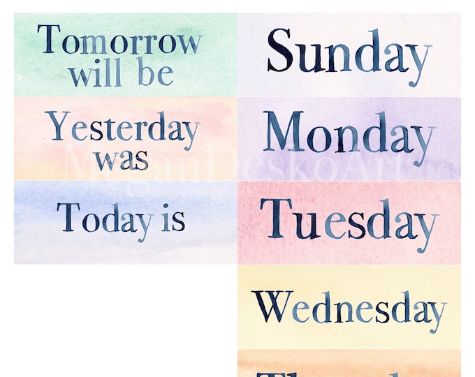 Printable Watercolor Days of the Week Cards; Pocket Chart Days of the ...