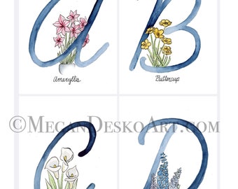 Cursive Floral Watercolor Alphabet Print | Etsy