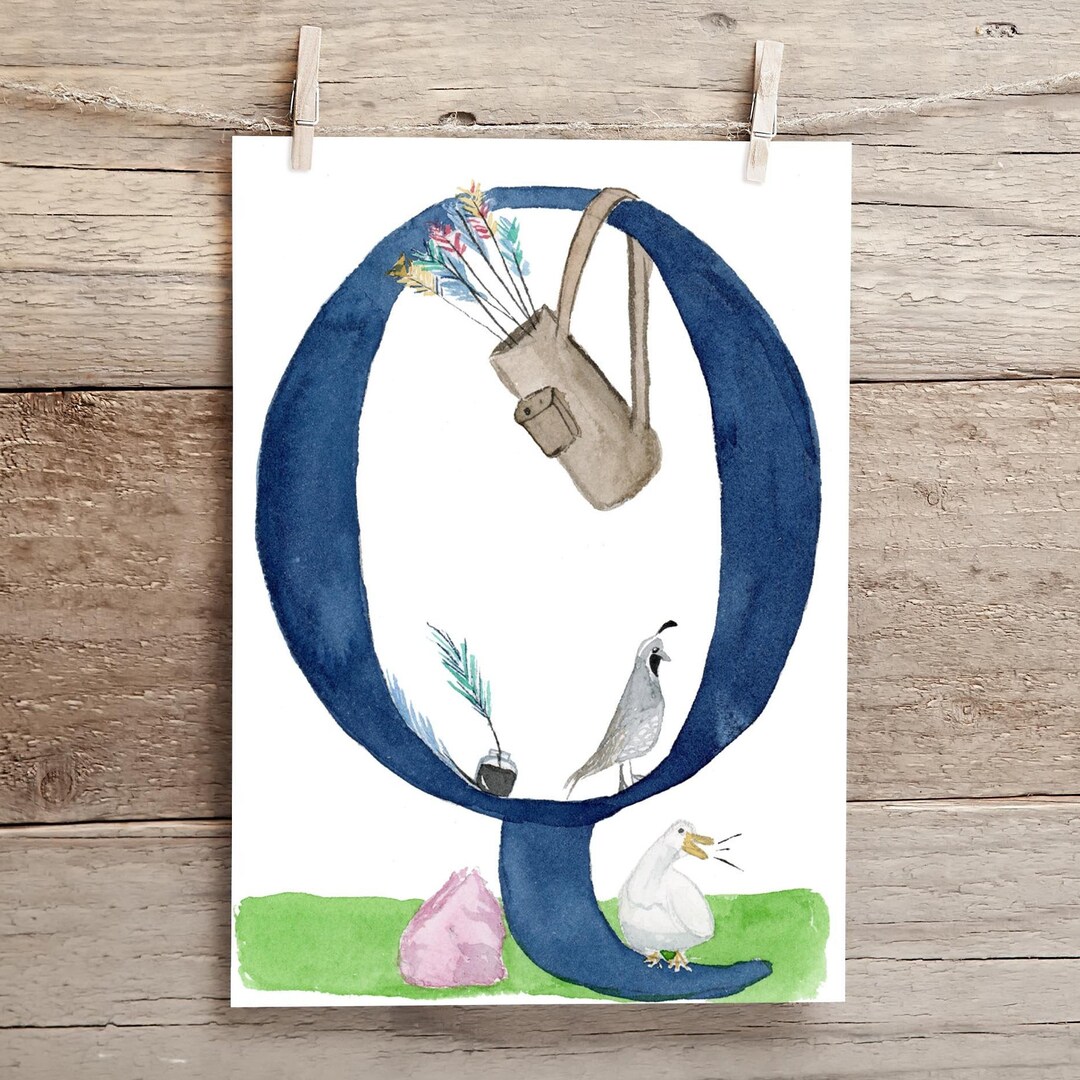Letter Q Adventure in the Woods Watercolor Print, Letter Q Initial Art ...