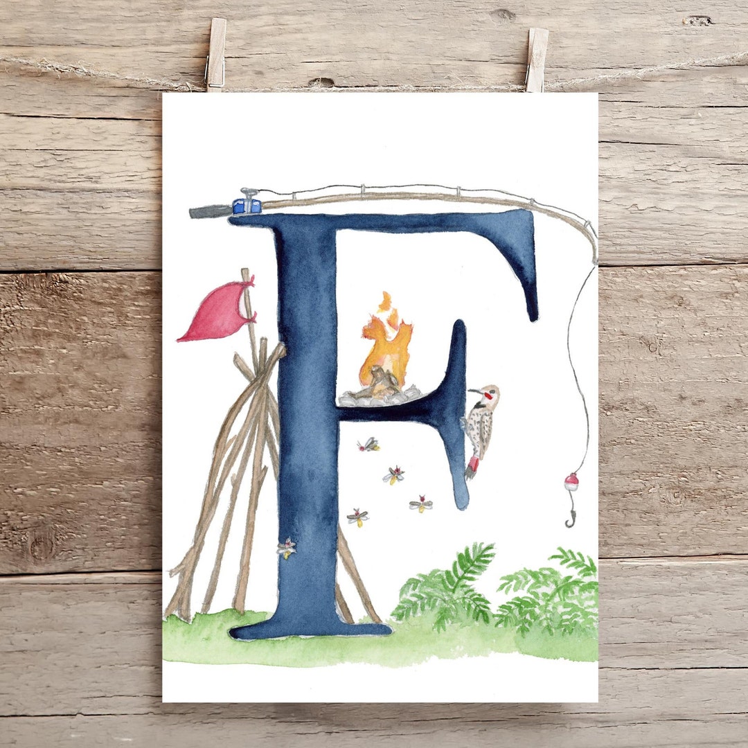 Letter F Adventure in the Woods Watercolor Print, Letter F Initial Art ...