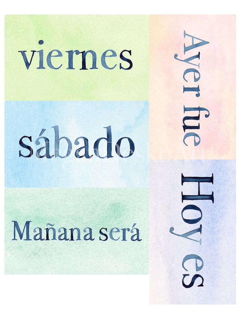 Printable Watercolor Spanish Days of the Week Cards; Spanish Pocket ...