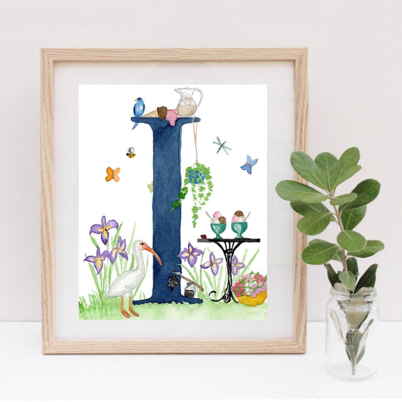 Letter I Teatime in the Garden Watercolor Print, Letter I Initial Art ...
