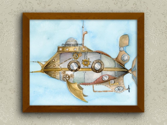 Watercolor Steampunk Submarine Print | Etsy