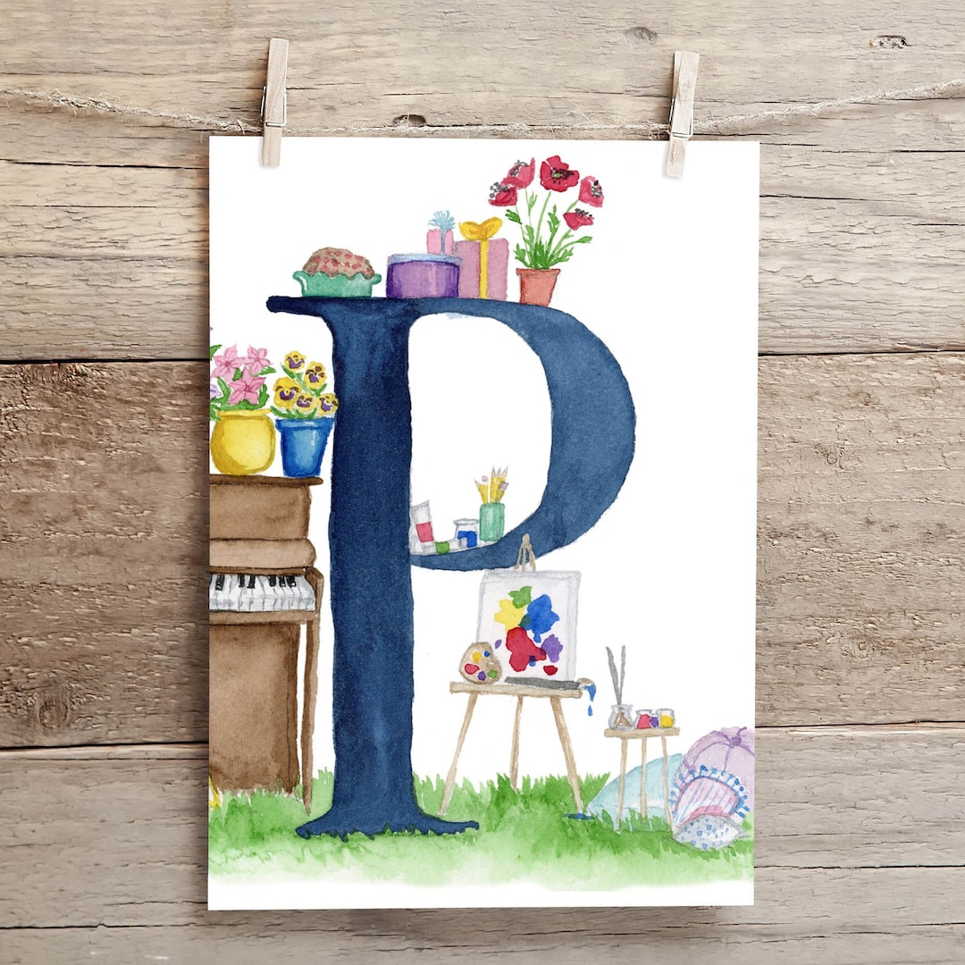 Letter P Teatime in the Garden Watercolor Print, Letter P Initial Art ...