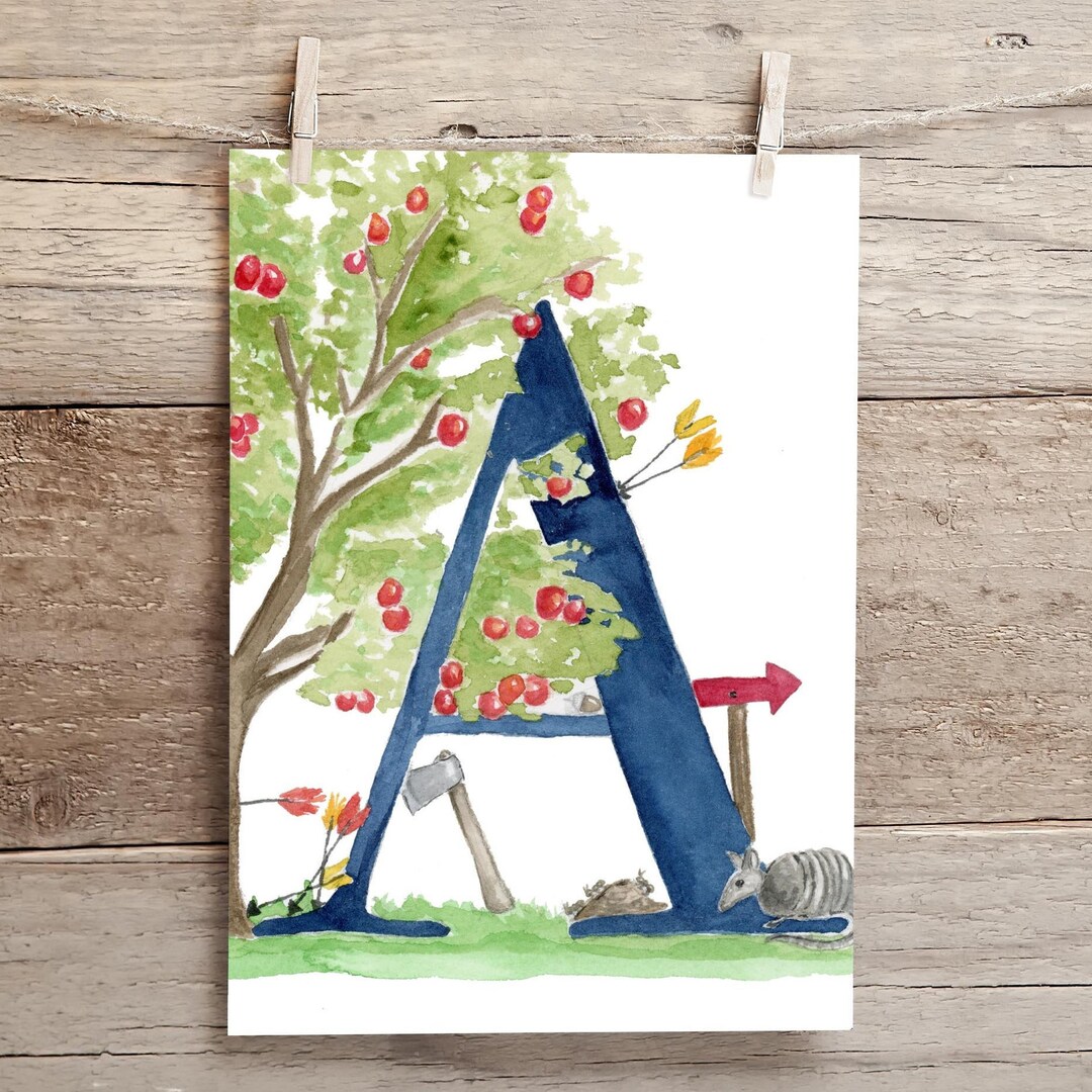 Letter A Adventure in the Woods Watercolor Print, Letter A Initial Art ...
