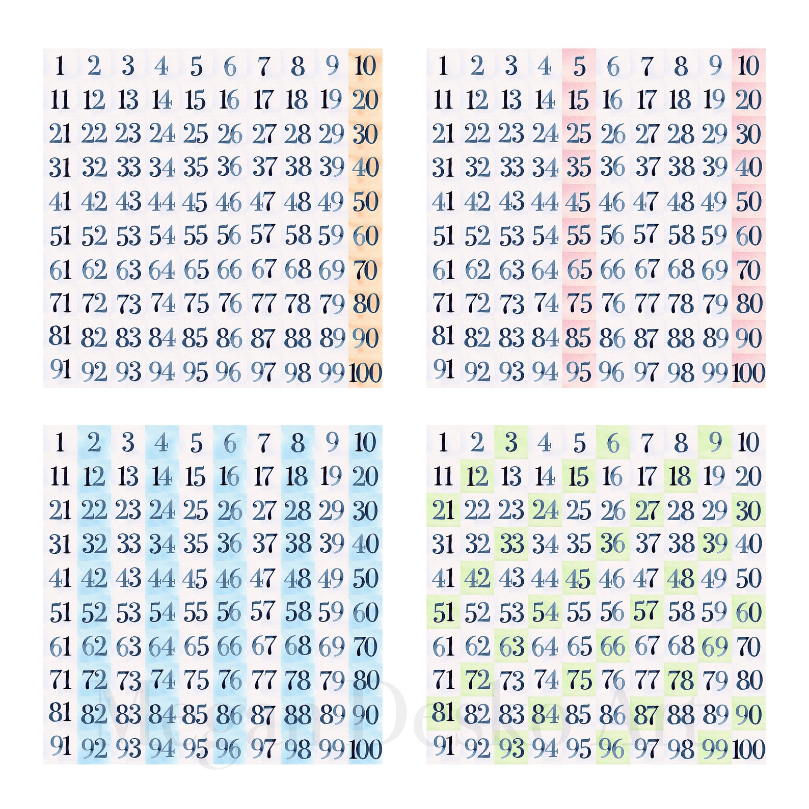 Digital Watercolor Hundreds Chart Printable Pastel Hundreds - Etsy