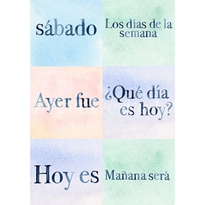Printable Watercolor Spanish Days of the Week Cards; Spanish Pocket ...