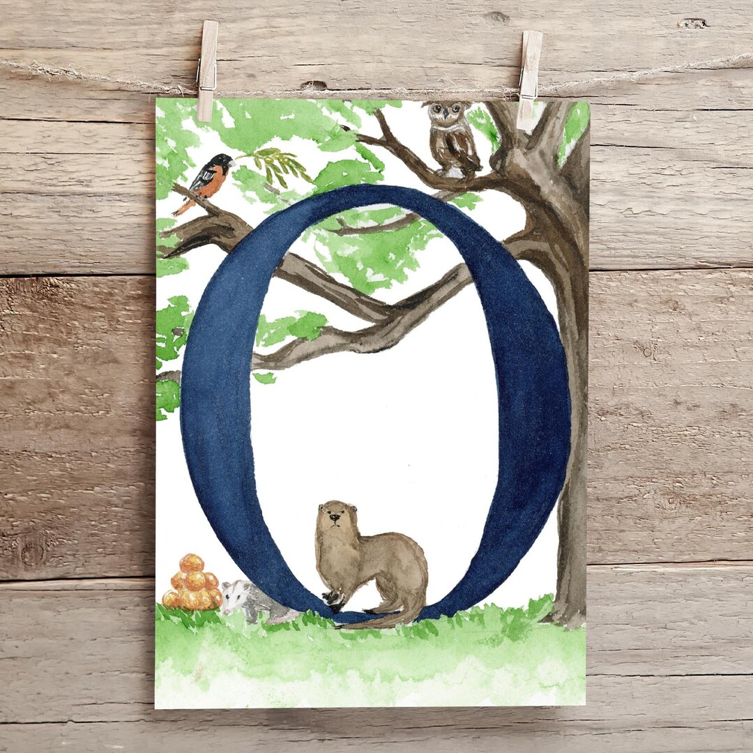 Letter O Adventure in the Woods Watercolor Print, Letter O Initial Art ...