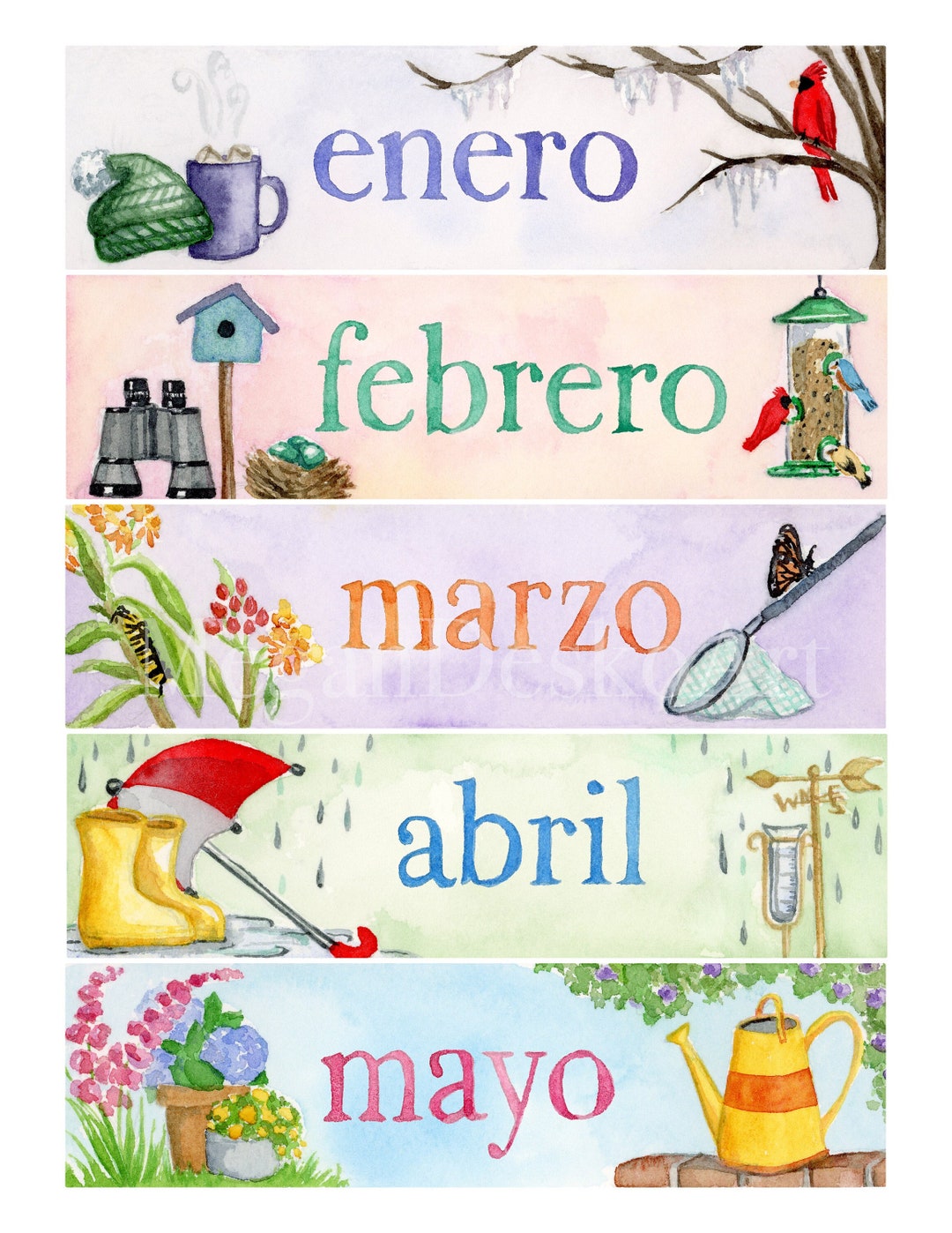 Spanish Watercolor Nature Themed Month Printable, Pocket Chart Calendar ...