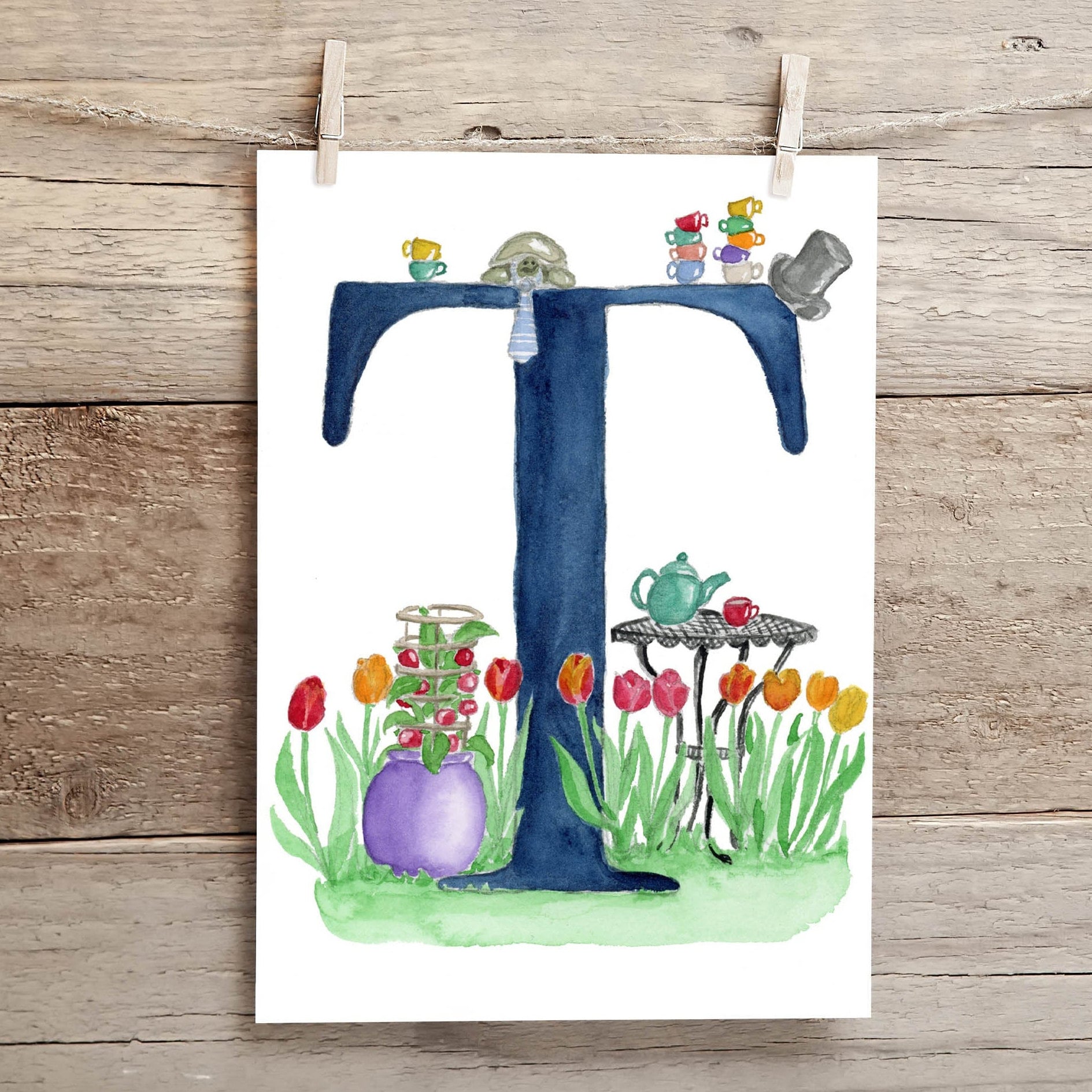 Letter T Teatime in the Garden Watercolor Print, Letter T Initial Art ...