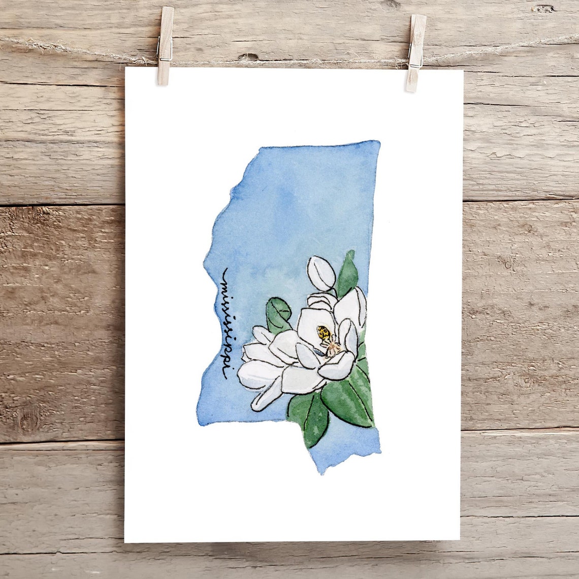 Mississippi Magnolia State Silhouette Watercolor Print - Etsy