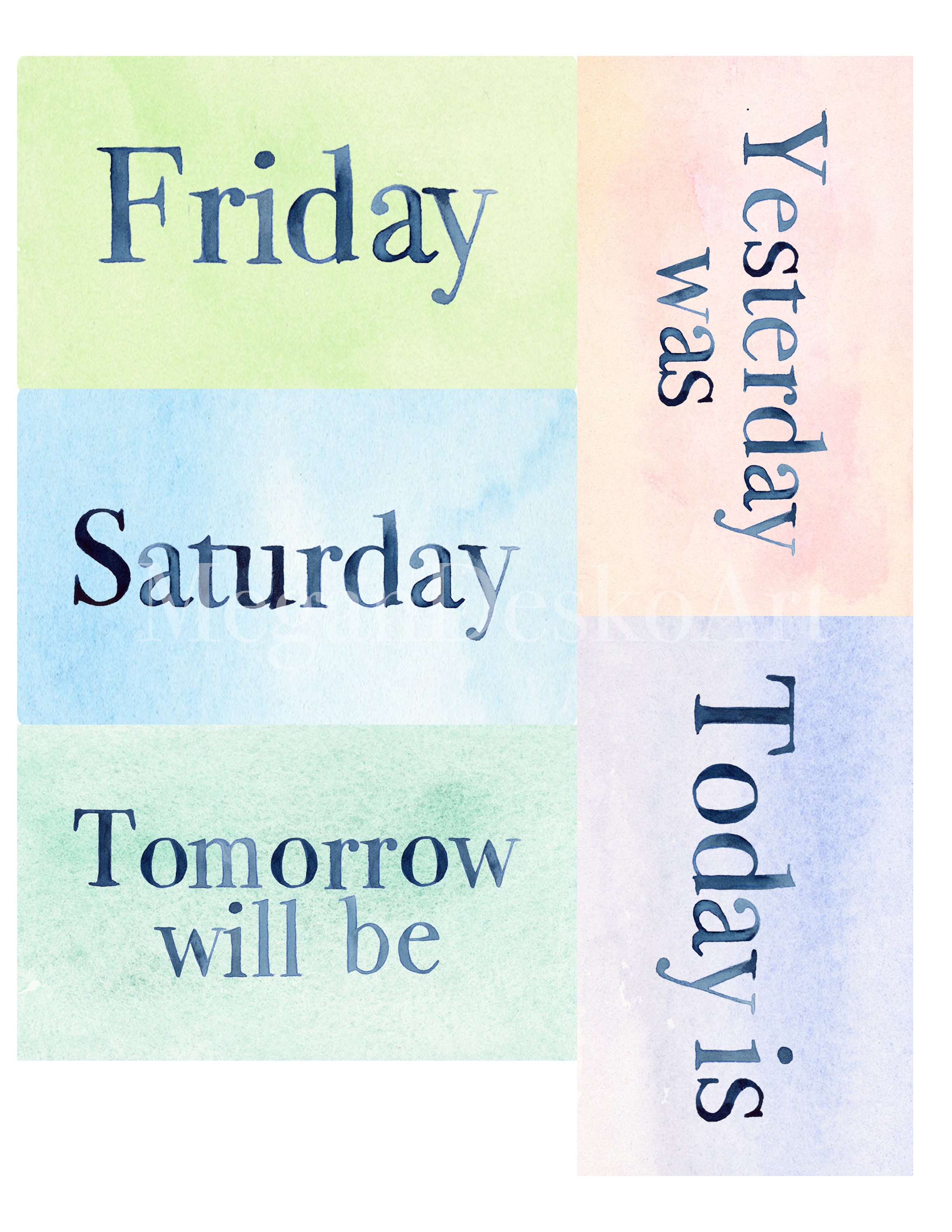 Printable Watercolor Days of the Week Cards; Pocket Chart Days of the ...