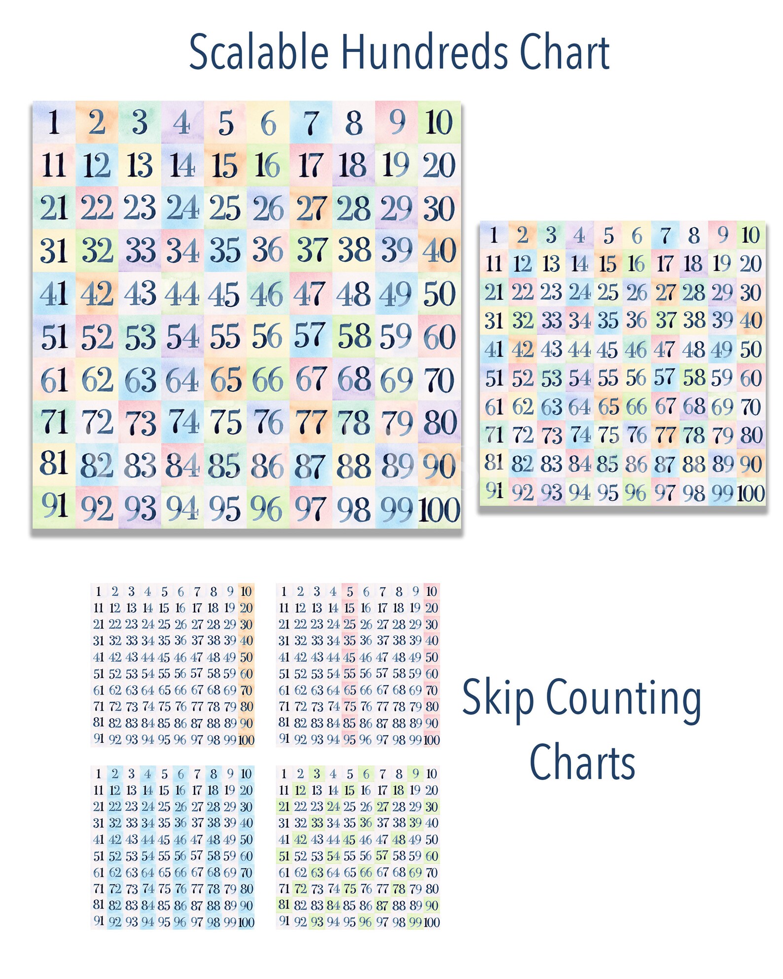 Digital Watercolor Hundreds Chart Printable Pastel Hundreds - Etsy