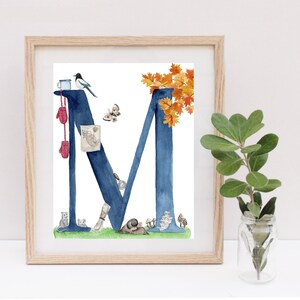 Letter M Adventure in the Woods Watercolor Print, Letter M Initial Art ...