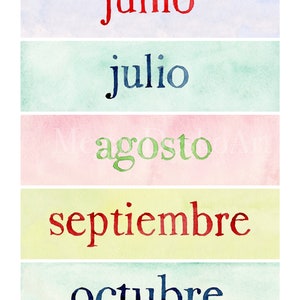 Spanish Pastel Watercolor Nature Themed Month Printable, Pocket Chart ...
