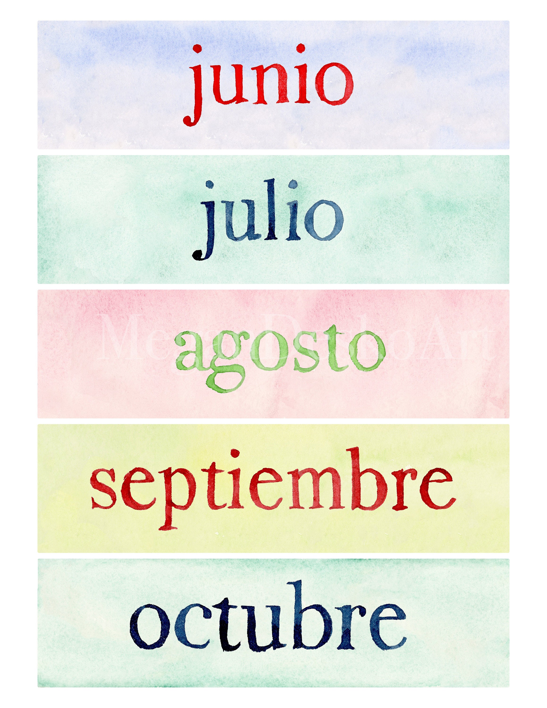Spanish Pastel Watercolor Nature Themed Month Printable, Pocket Chart ...