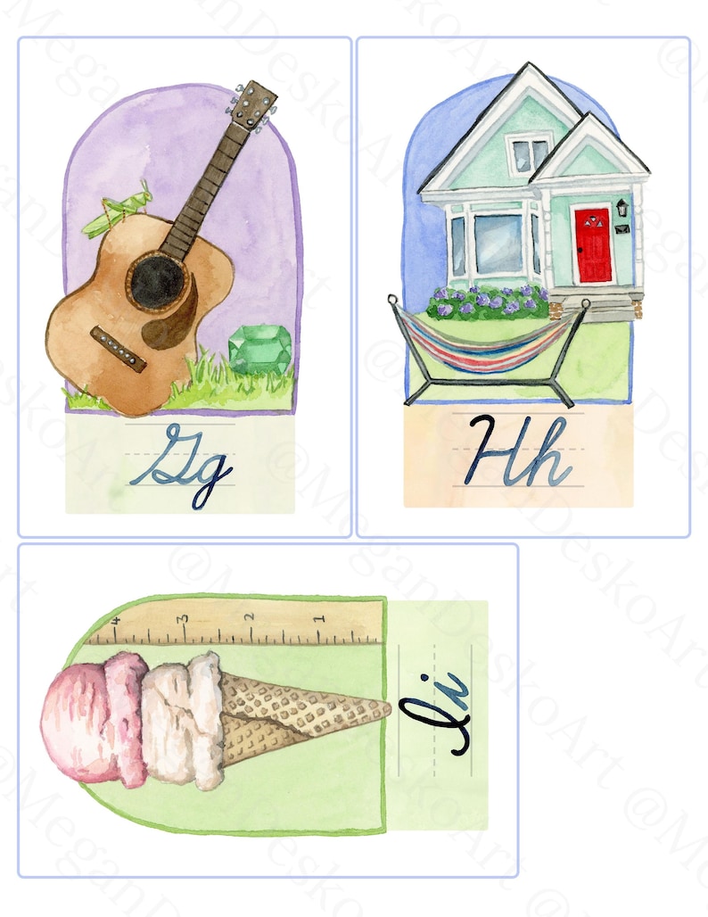 Cursive Alphabet Flashcard Printable Download; 4x6 Watercolor ...