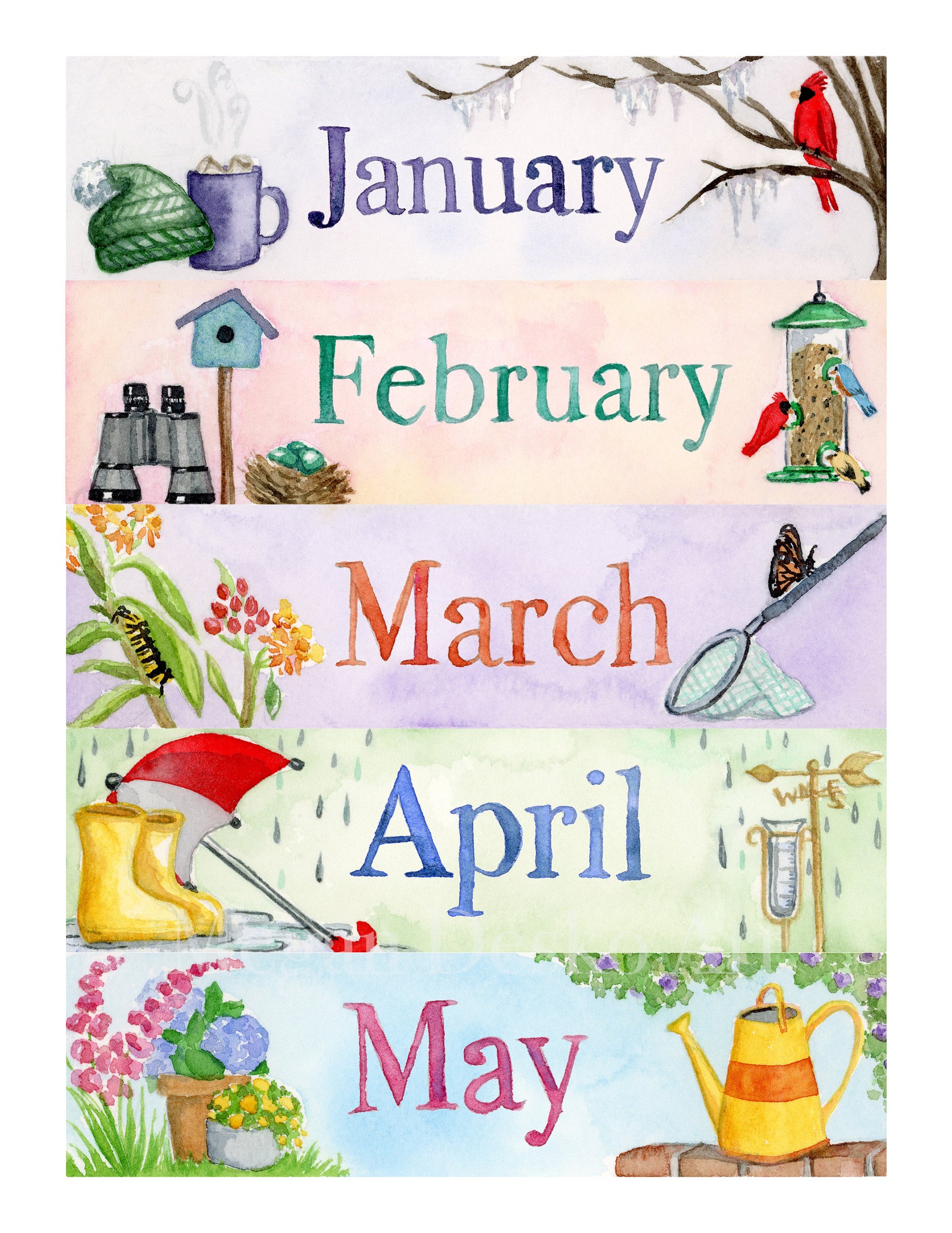 Watercolor Nature Themed Month Printable, Pocket Chart Calendar Months ...