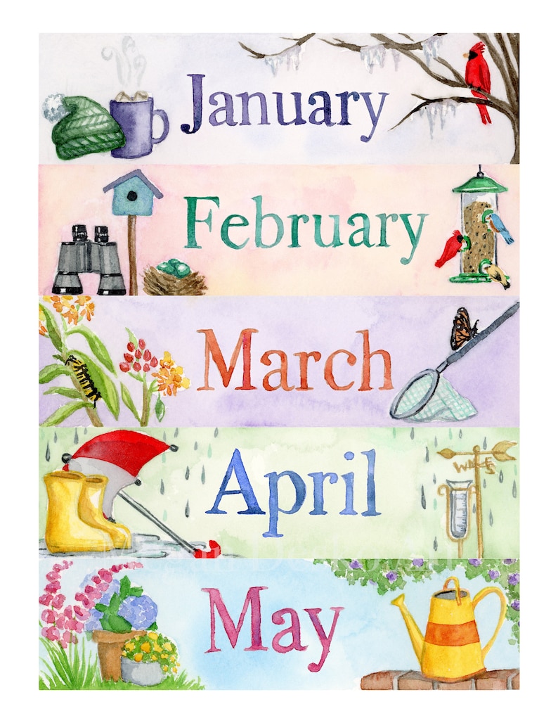 Watercolor Nature Themed Month Printable Pocket Chart - Etsy