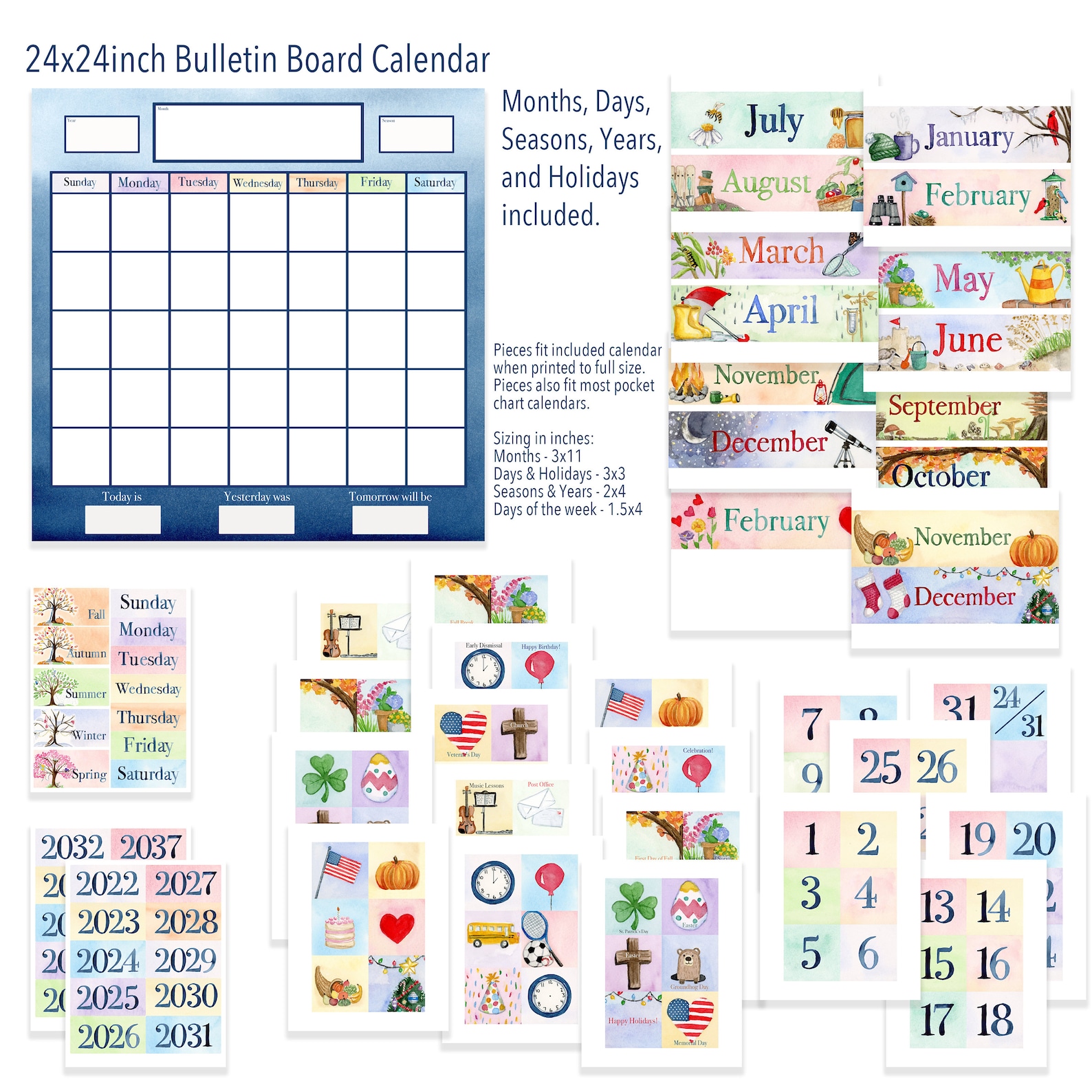 Watercolor Calendar Kit Bundle Nature Themed Classroom Calendar Pocket ...