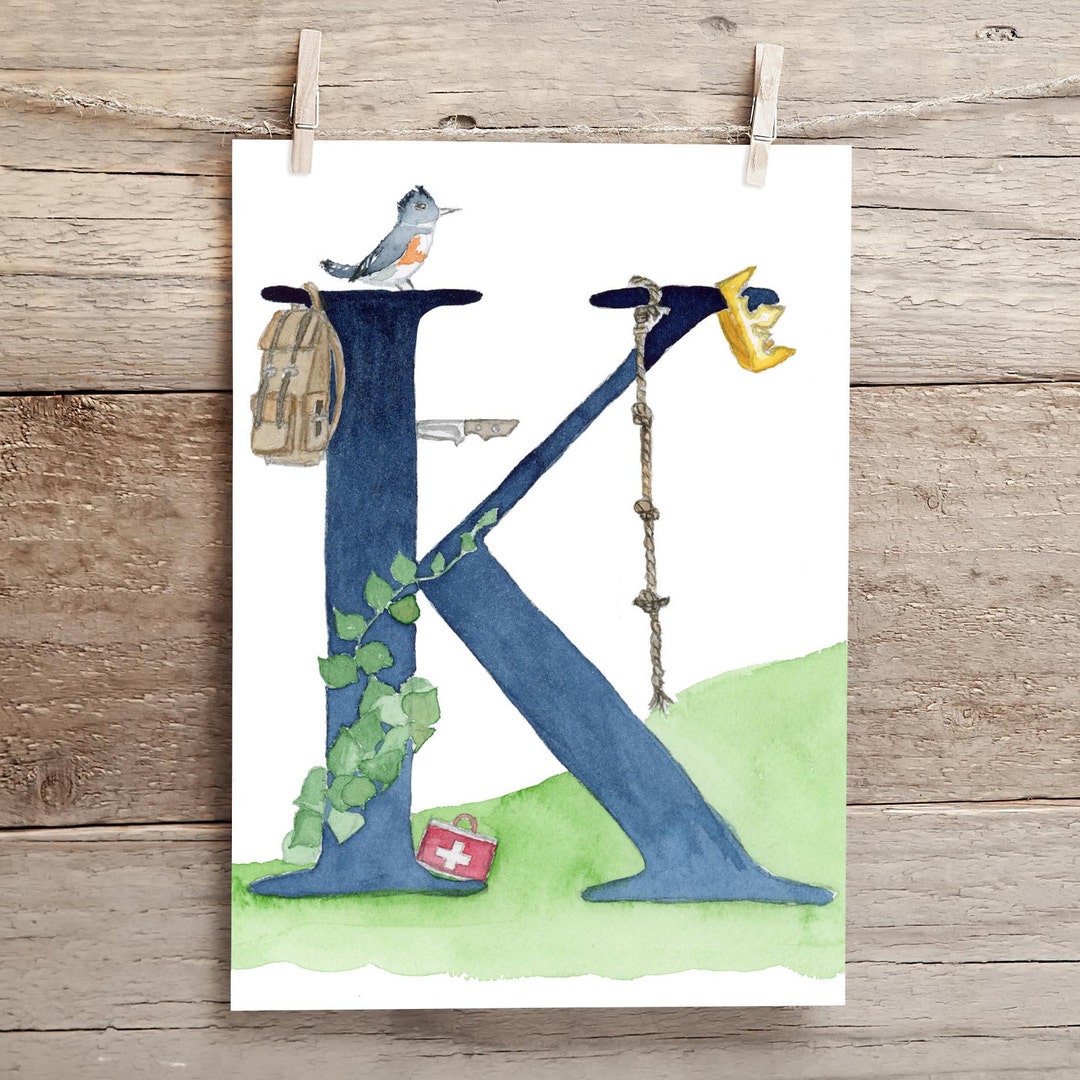 Letter K Adventure in the Woods Watercolor Print, Letter K Initial Art ...