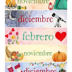 Spanish Watercolor Nature Themed Month Printable, Pocket Chart Calendar ...