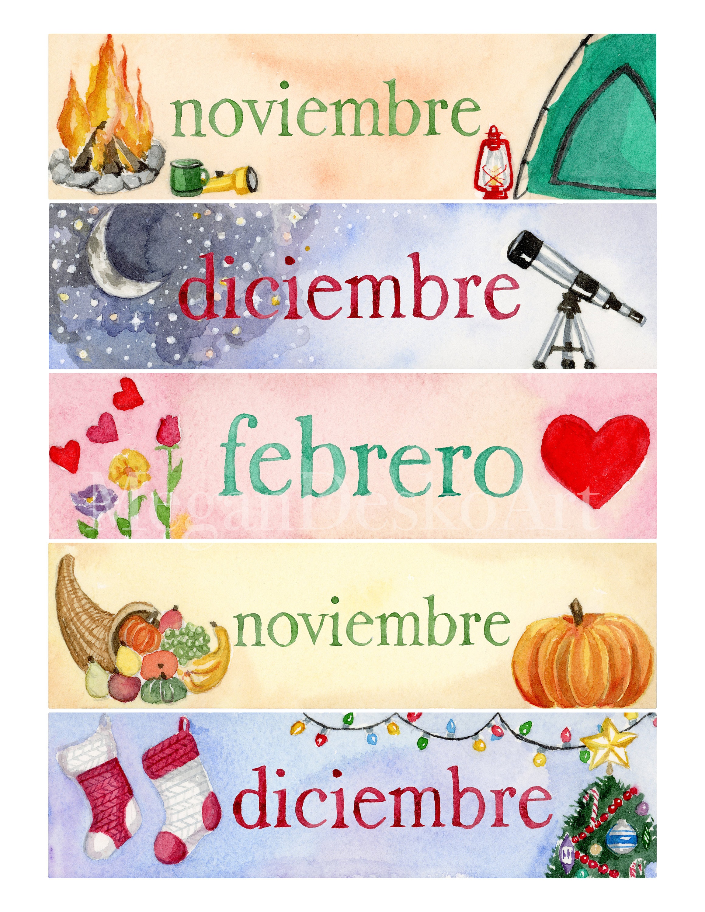 Spanish Watercolor Nature Themed Month Printable, Pocket Chart Calendar ...
