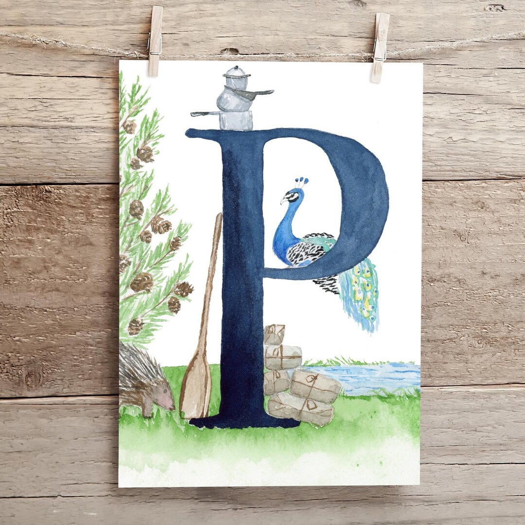 Letter P Adventure in the Woods Watercolor Print, Letter P Initial Art ...
