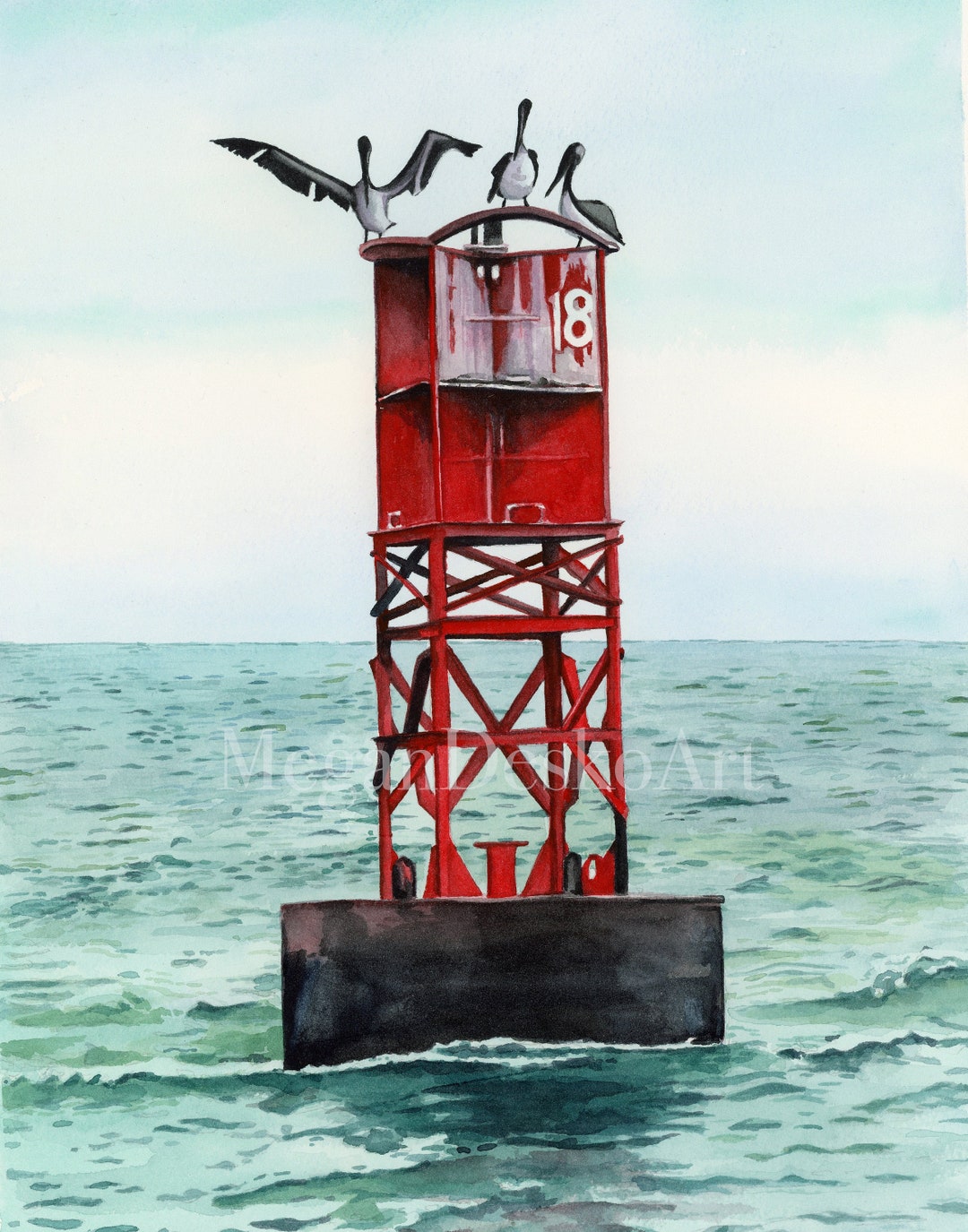 Birds on a Red Buoy Watercolor Print; Ocean Watercolor; Savannah ...
