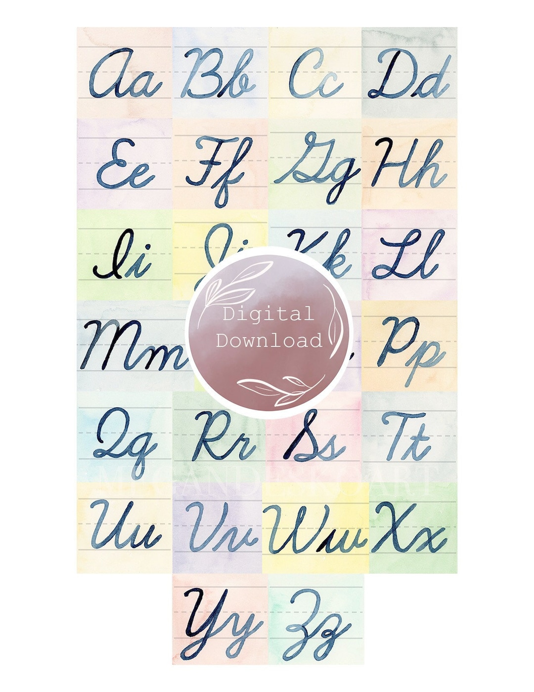 DIGITAL Download Watercolor Cursive Alphabet Poster; Pastel Watercolor ...