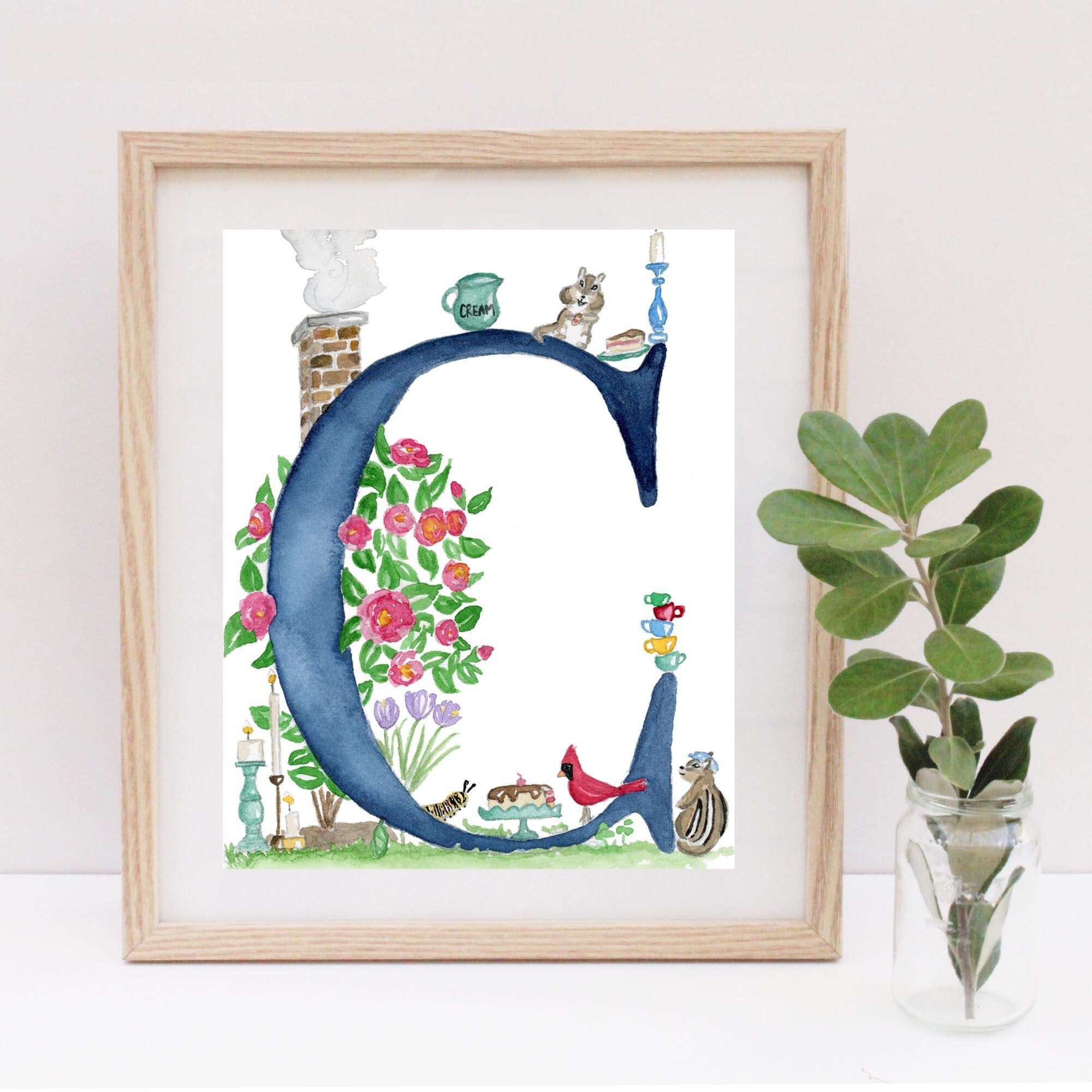 Letter C Teatime in the Garden Watercolor Print, Letter C Initial Art ...