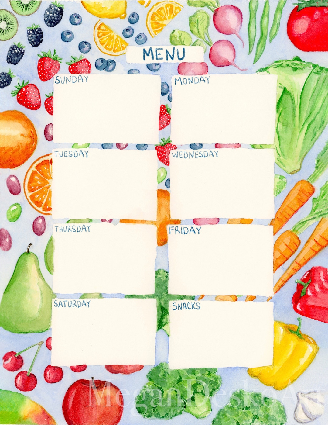 Printable Watercolor Menu Page; Fruit and Veggie Menu; Colorable Fruit ...