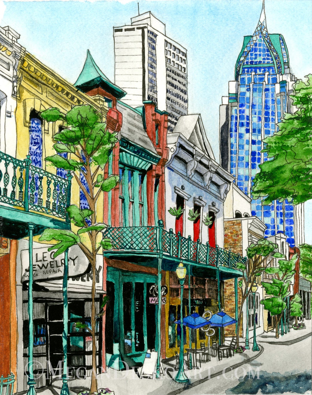 Dauphin Street Watercolor Print, Mobile, Alabama Art, Cityscape ...