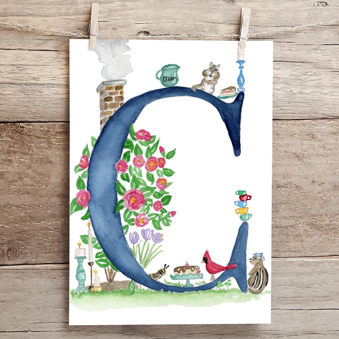 Letter C Teatime in the Garden Watercolor Print, Letter C Initial Art ...