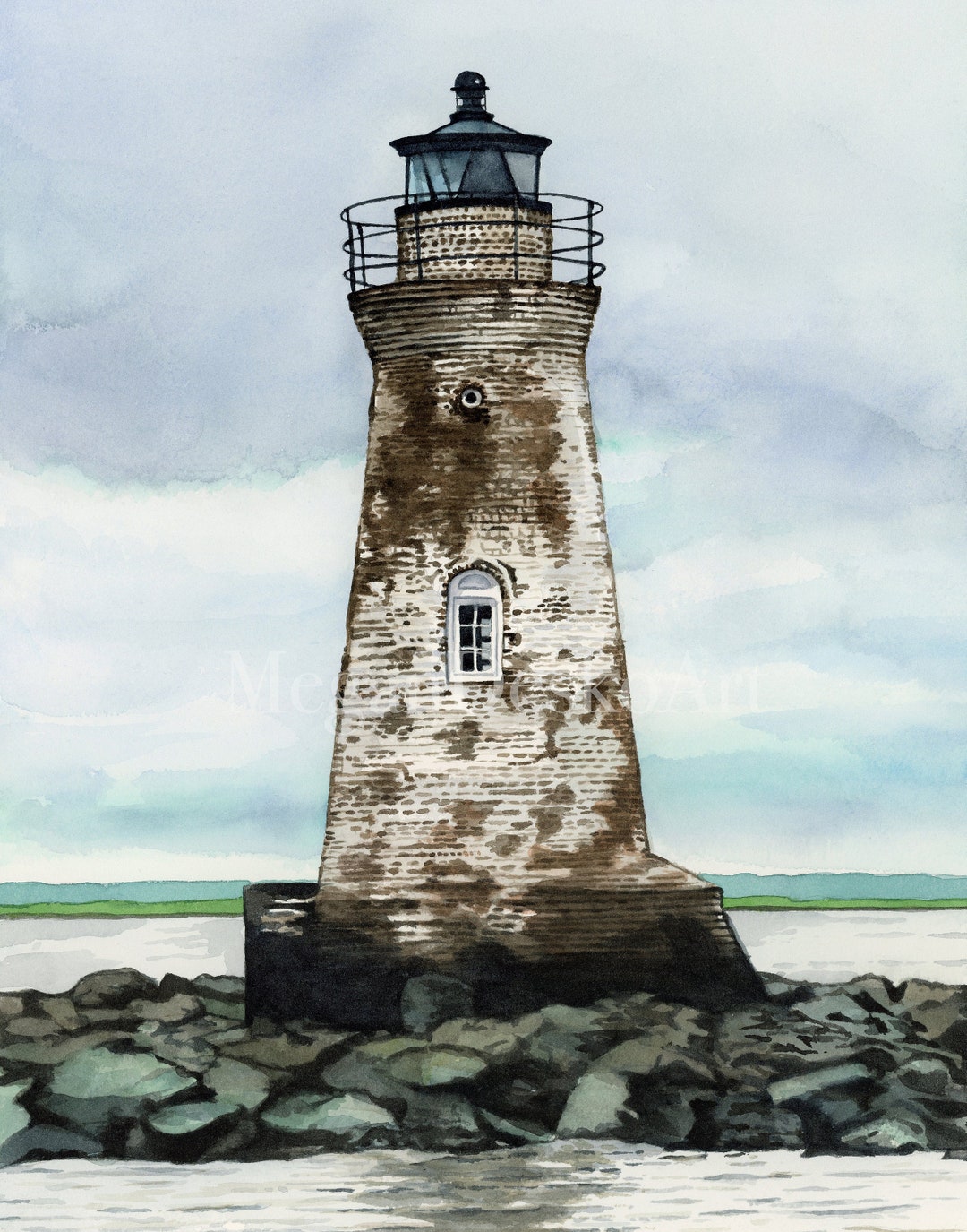 Cockspur Island Lighthouse in Savannah Georgia Watercolor Print, Tybee ...
