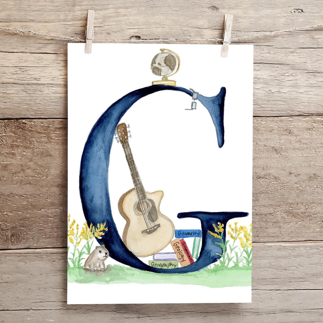 Letter G Adventure in the Woods Watercolor Print, Letter G Initial Art ...