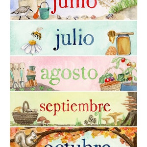 Spanish Watercolor Nature Themed Month Printable, Pocket Chart Calendar ...