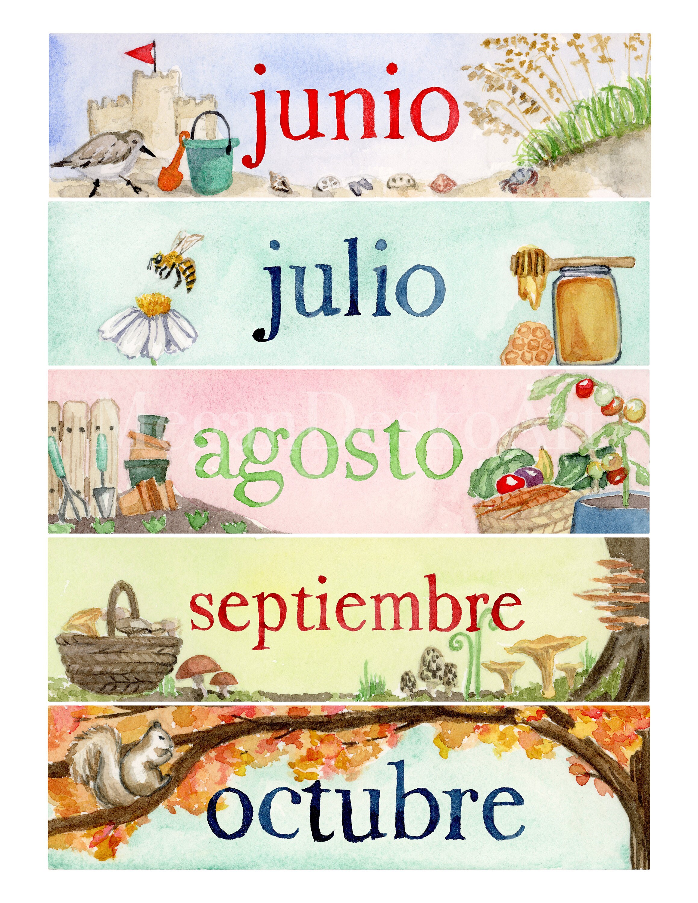 Spanish Watercolor Nature Themed Month Printable, Pocket Chart Calendar ...