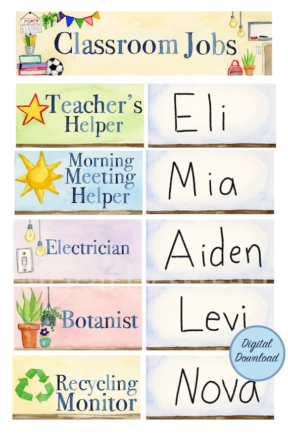 Classroom Jobs Digital Download Watercolor Classroom Jobs - Etsy