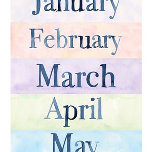 Watercolor Pastel Month Printable, Pocket Chart Calendar Months, School ...